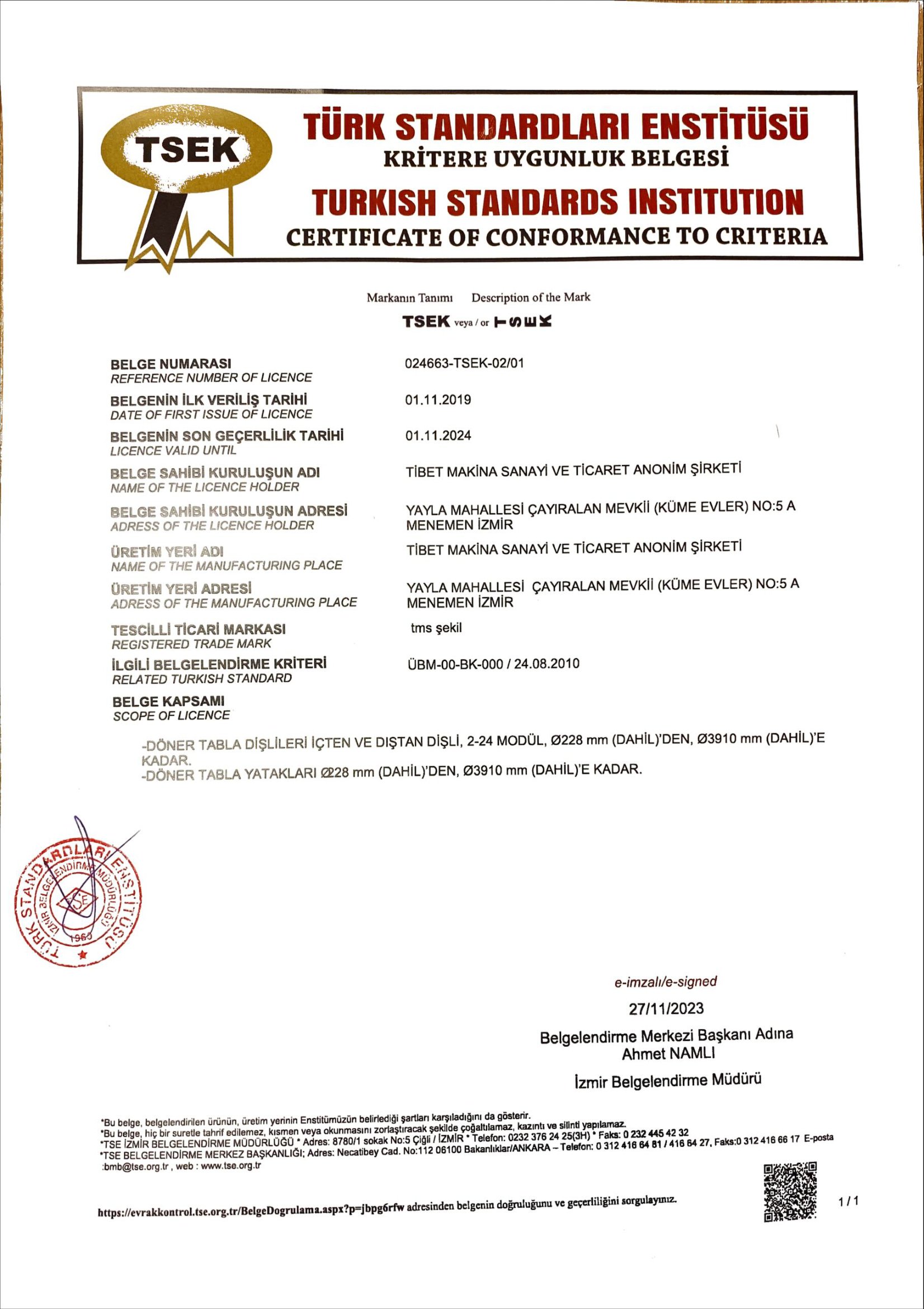 Sertifikalar | Tibet Makina